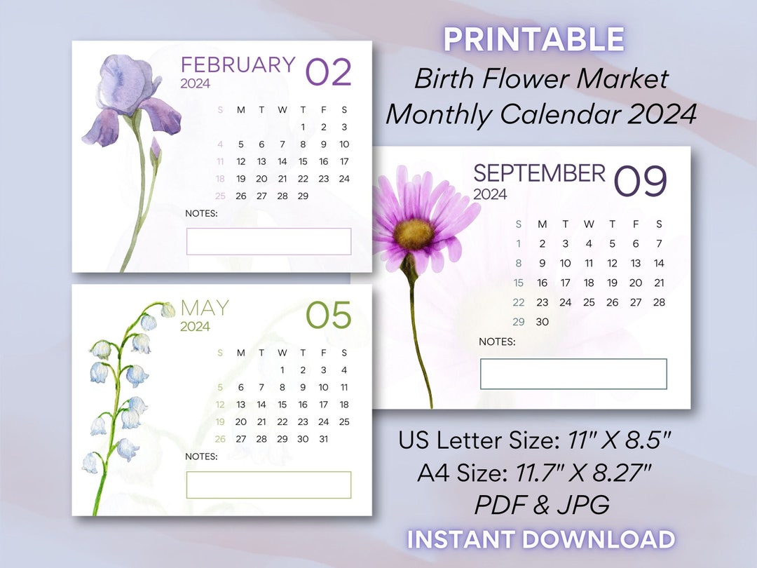 Birth Month Flower Calendar 2024 Printable Monthly Calendar, Watercolor ...