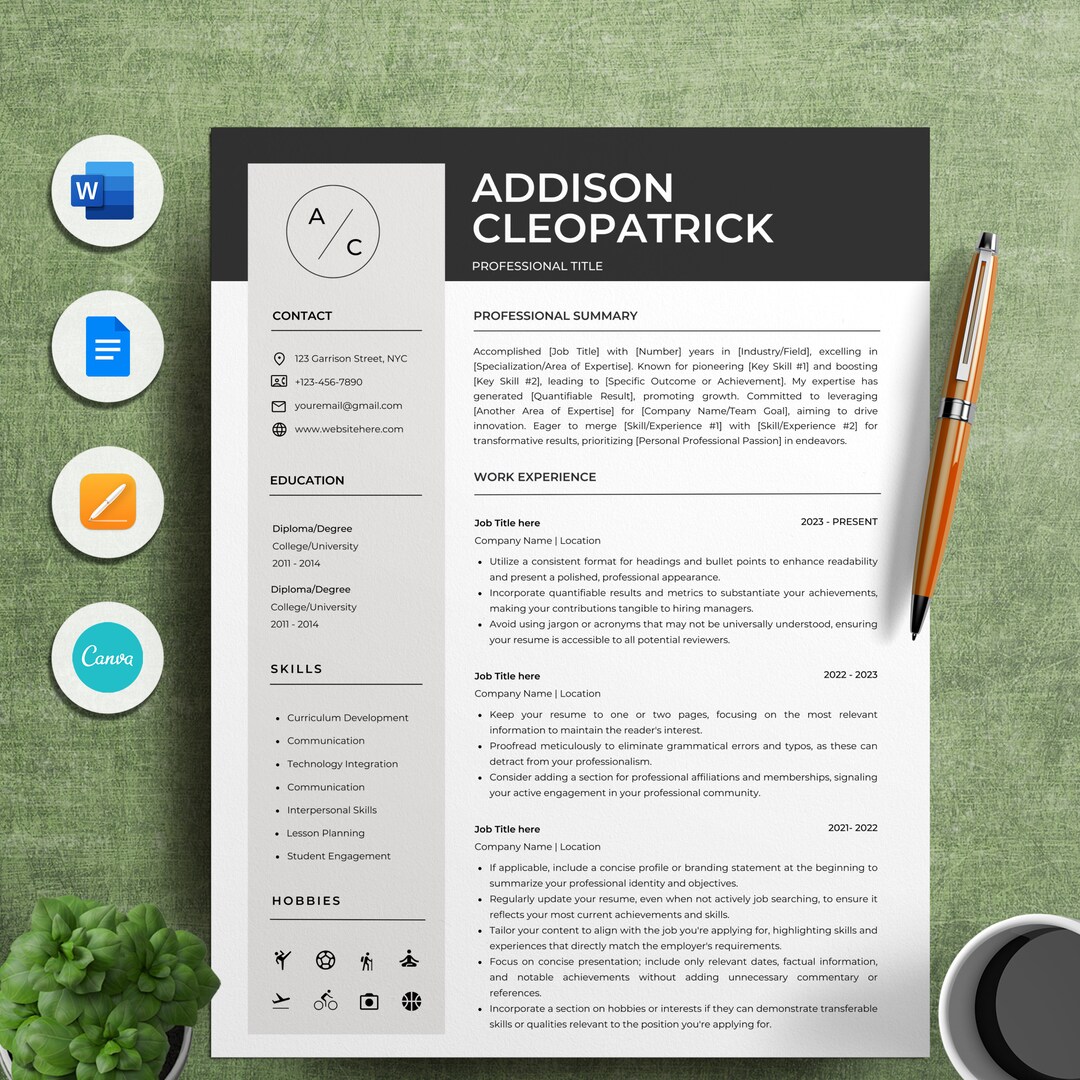 Resume Template, Google Docs Template, Word Resume Template, Pages ...