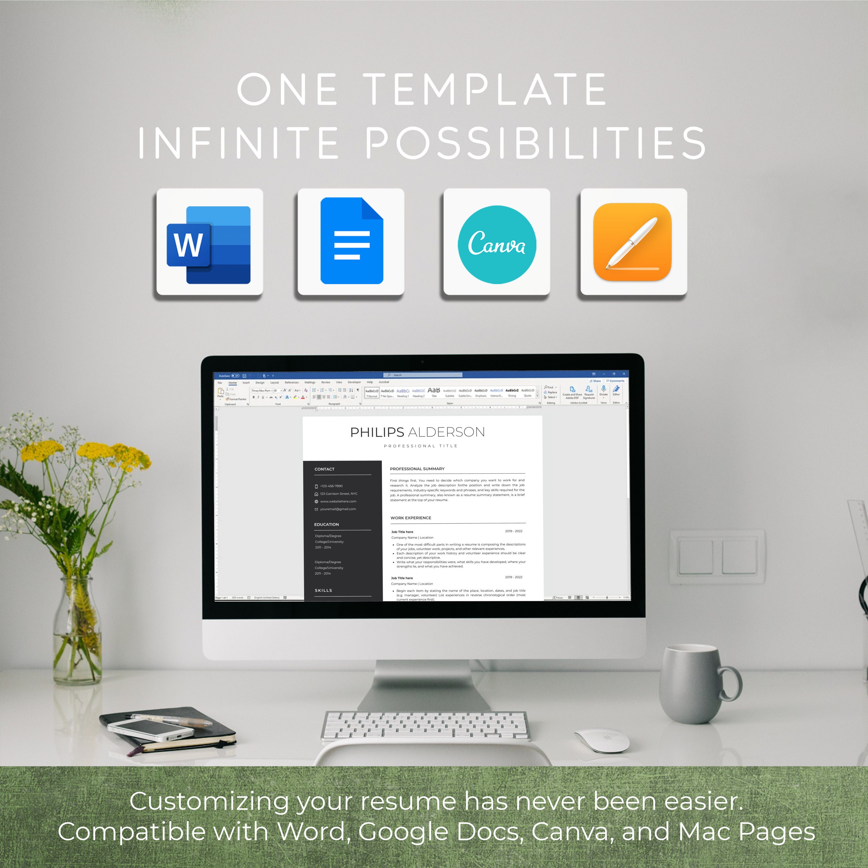Modern Resume Template for Google Docs, Word and Apple Pages Resume, 1 ...