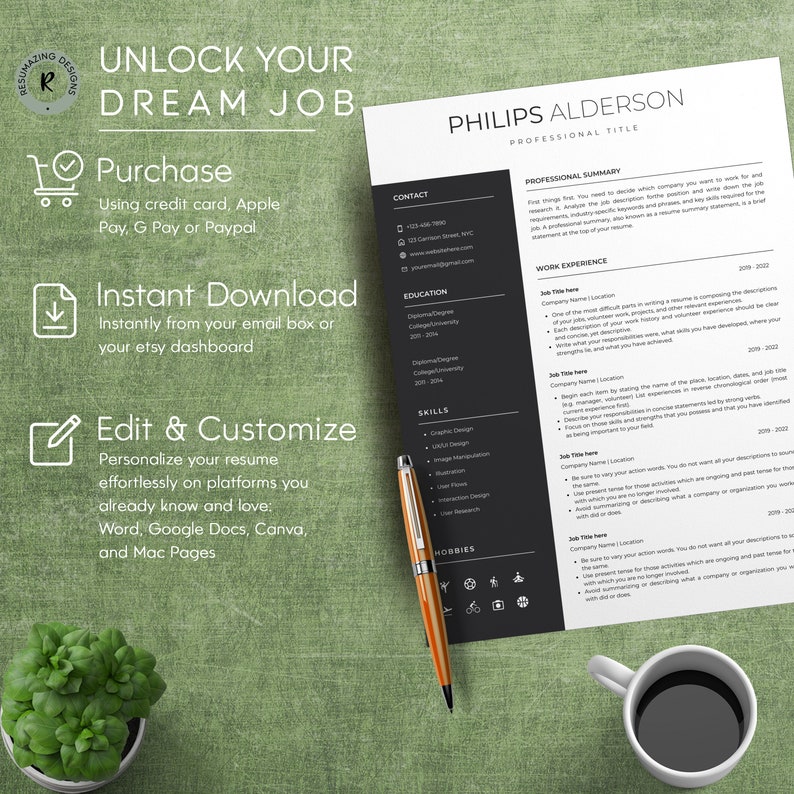 Modern Resume Template for Google Docs, Word and Apple Pages Resume, 1 ...
