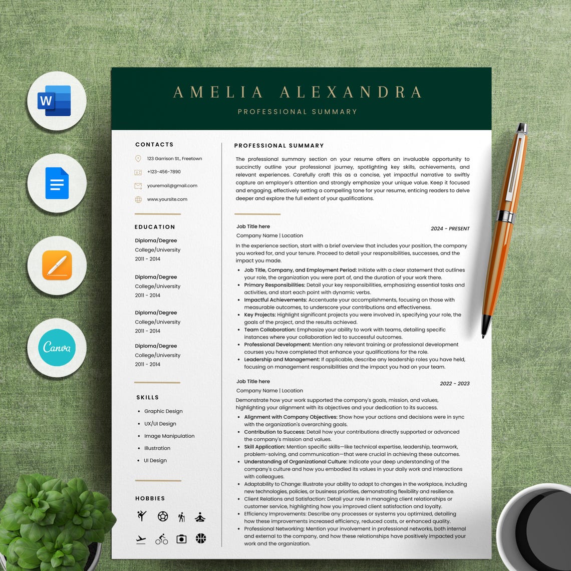 Modèle de CV, Modèle de CV Google Docs, Word Modern Executive, Modèle ...