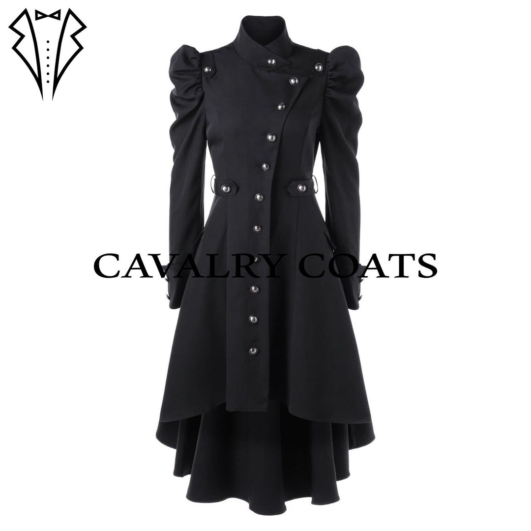 New Women Black Cotton Gothic Vintage Coat, Steampunk Victorian Swallow Tail Long Trench Coat ...