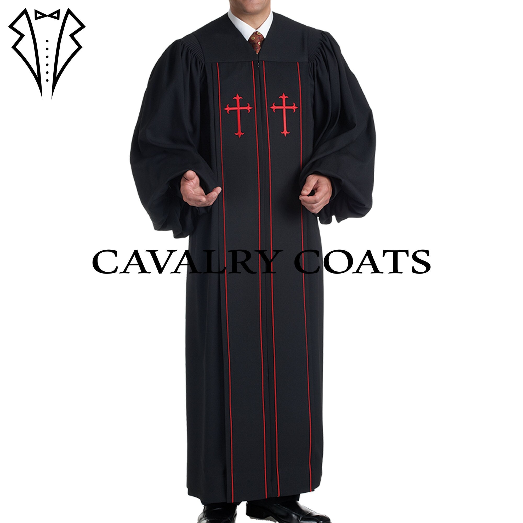 New Mens Black Pulpit Robe With Red Trim Clergy Robe, Men Church Attire ...