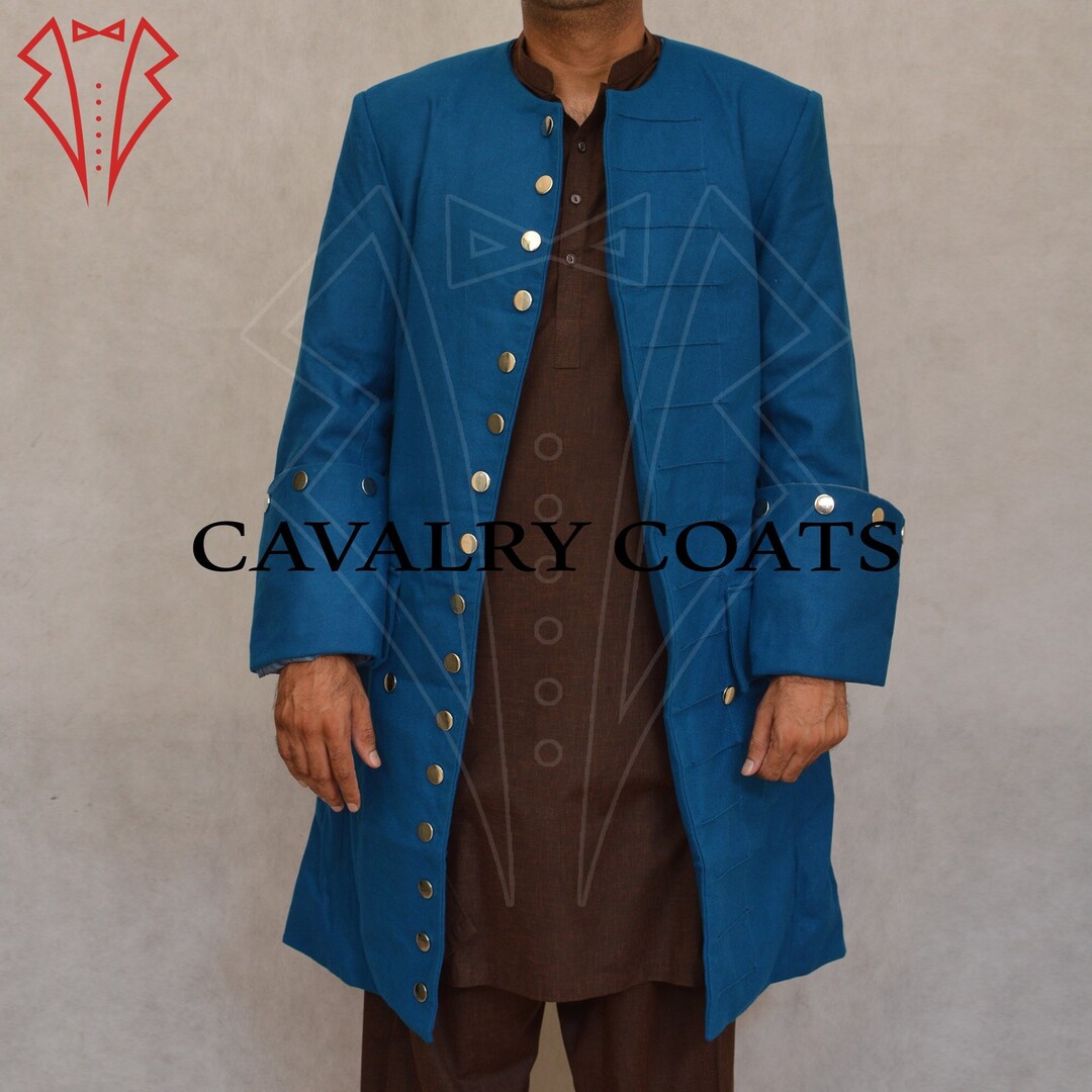 New Men 1750 Horse Riding Blue Wool Coat, 17th Century Military Frock Coat, Wedding Frock Coat ...