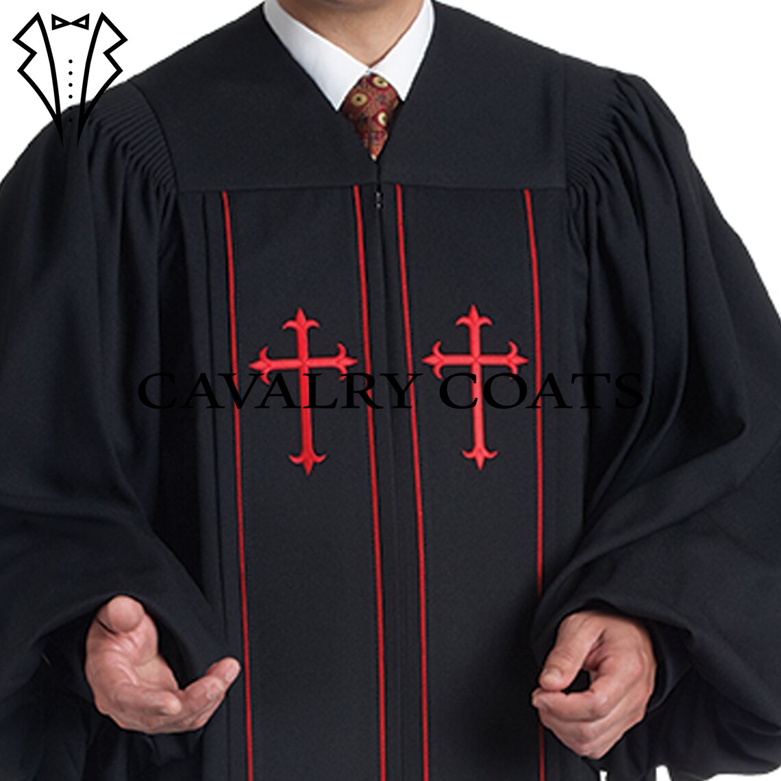 New Mens Black Pulpit Robe With Red Trim Clergy Robe, Men Church Attire ...