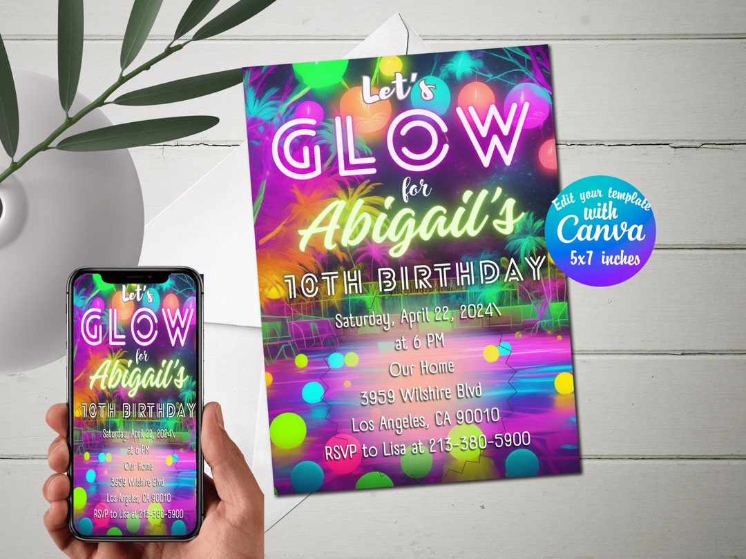 Editable Glow Party Birthday Invitation, Glow Gender Neutral Invites ...