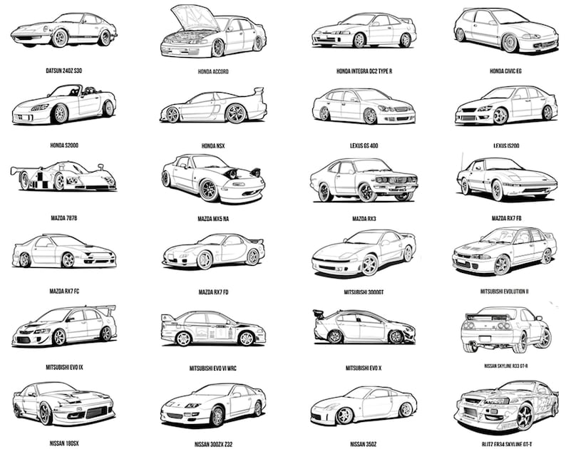 JDM Car Coloring Book 62 Designs Digital Download Printable Book PDF ...