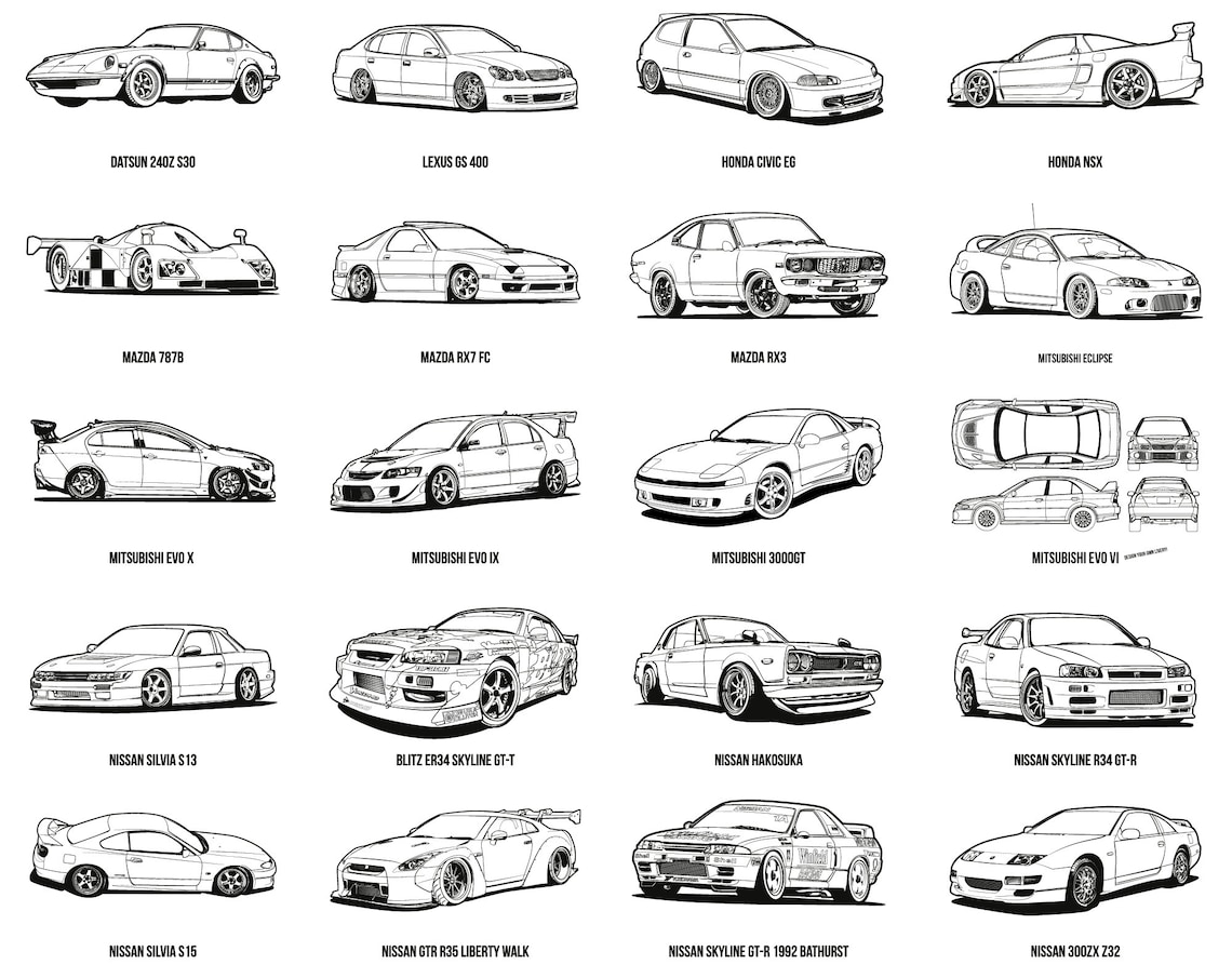 JDM Mini V1 Car Coloring Book 31 Designs Digital Download Printable ...