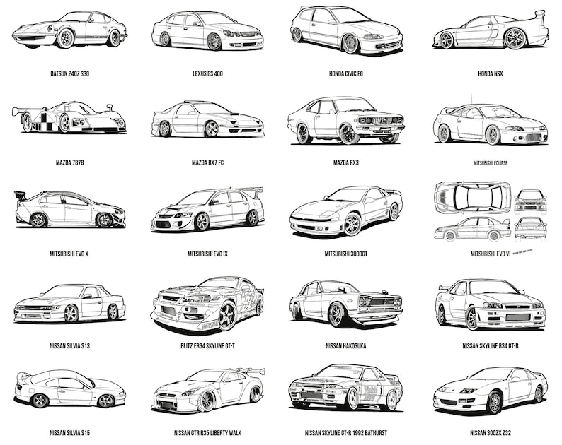 JDM Mini V1 Car Coloring Book 31 Designs Digital Download Printable ...