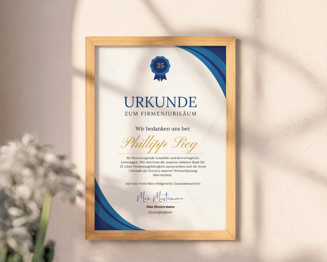 Personalisierte Urkunde zum Firmenjubiläum als Geschenk für Mitarbeiter ...