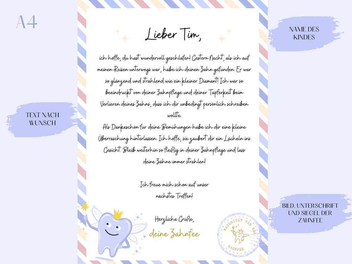 Personalisierbarer Brief von der Zahnfee zum Ausdrucken Ein - Etsy.de