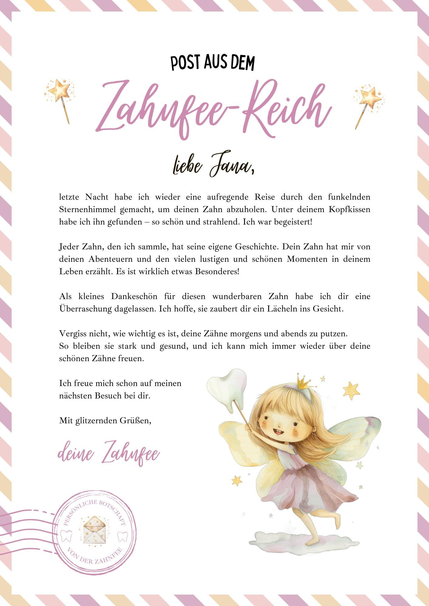Personalisierbarer Brief von der Zahnfee zum Ausdrucken - Ein ...