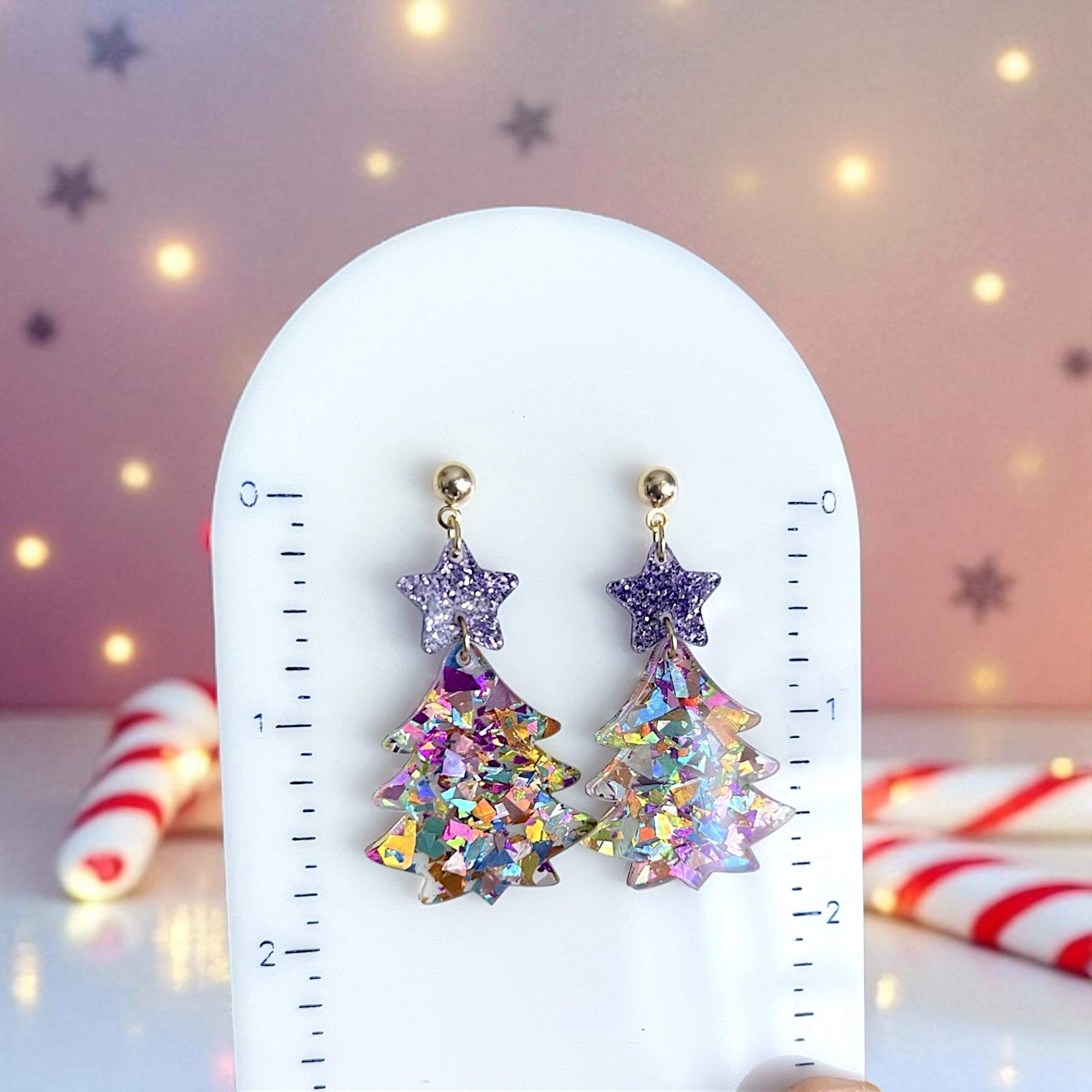 Glitter Christmas Tree Earrings: Purple Star, Hypoallergenic Stainless ...