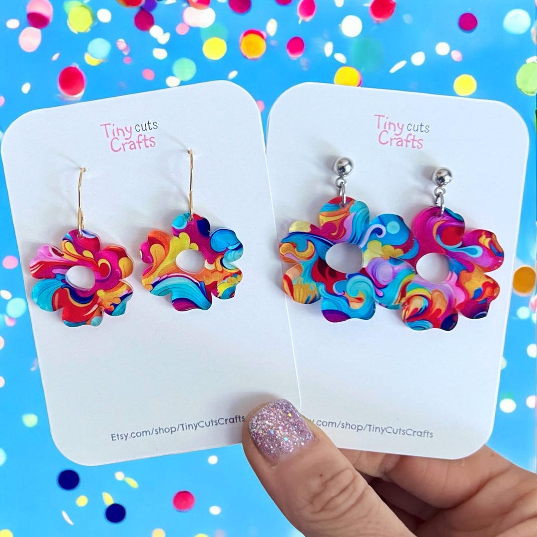 Boho Flower Earrings: Groovy 70s Style, Rainbow Dangle Earrings Gift ...