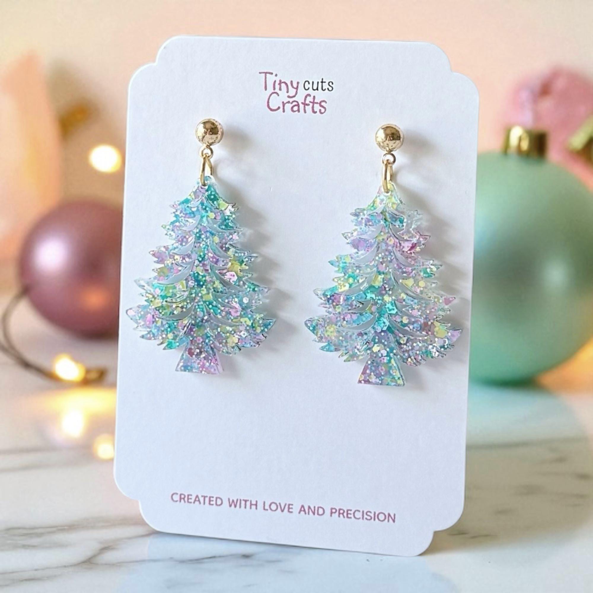 Pastel Christmas Tree Earrings: Glitter Holiday Dangles, Stainless ...