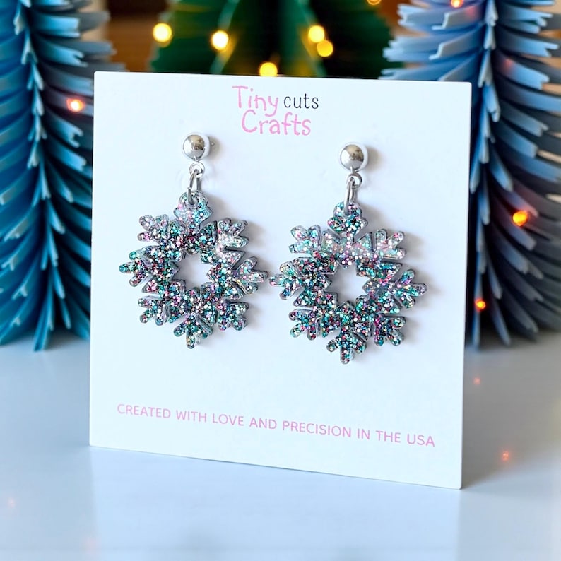 Snowflake Wreath Earrings: Sparkly Winter Dangle Earrings, Festive ...
