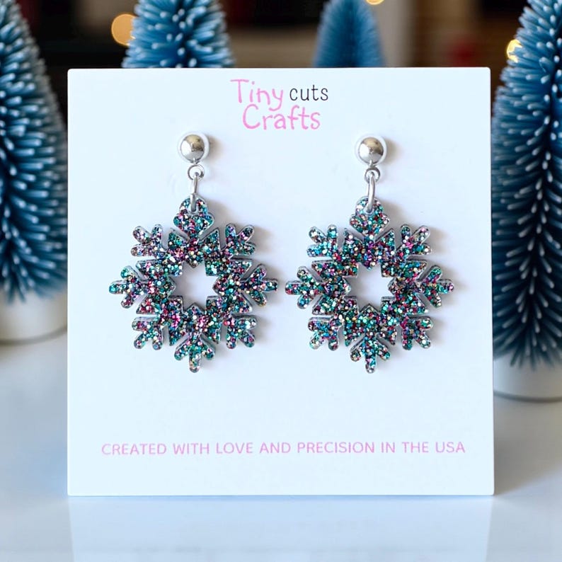 Snowflake Wreath Earrings: Sparkly Winter Dangle Earrings, Festive ...
