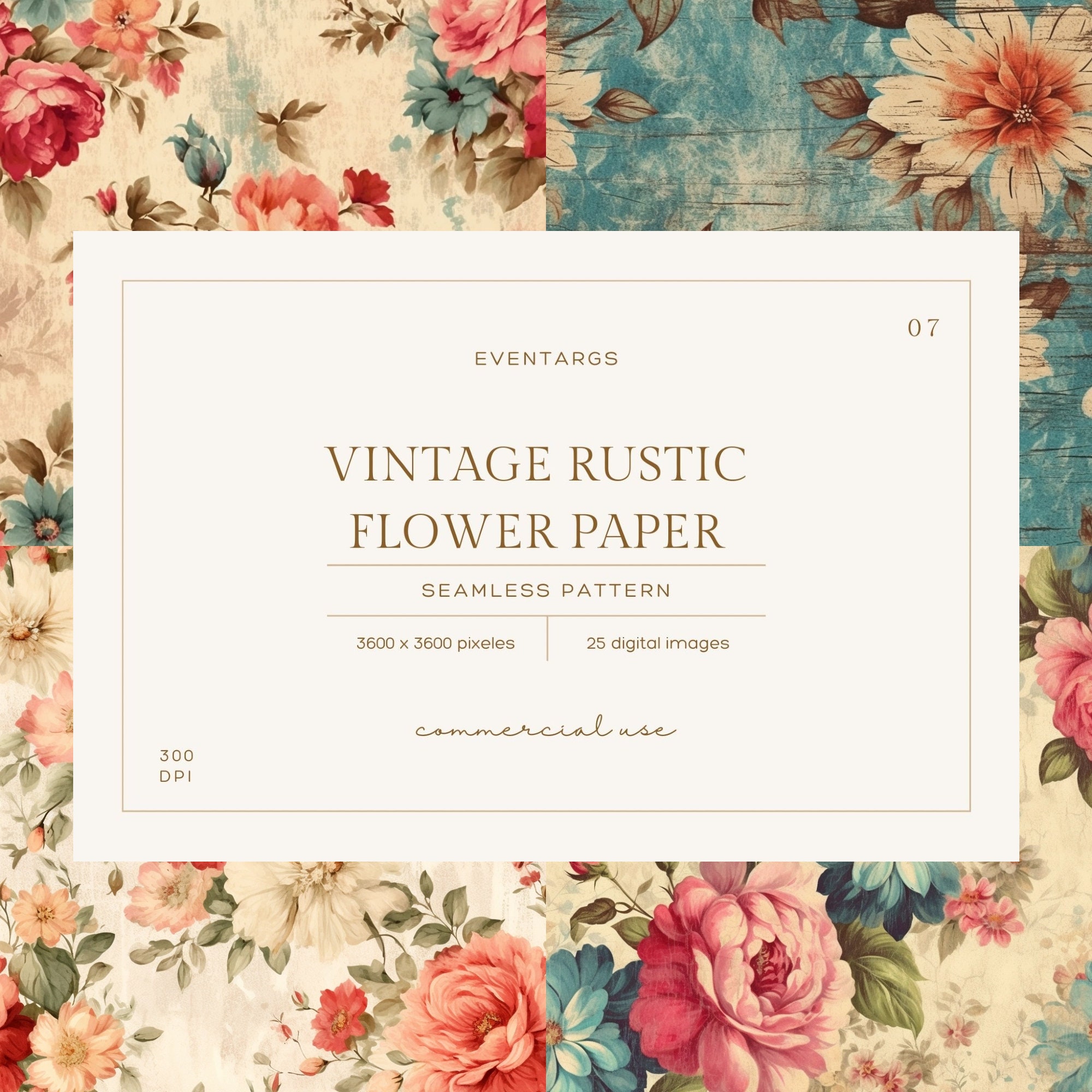 Vintage Rustic Flower, Digital Paper, Seamless Pattern, Scrapbooking ...