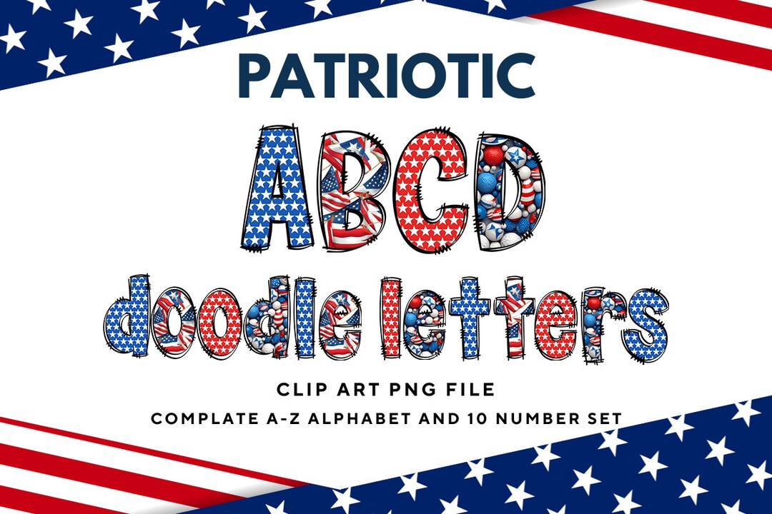 Patriotic USA Doodle Alphabet Letters, Alphabet and Number Set ...