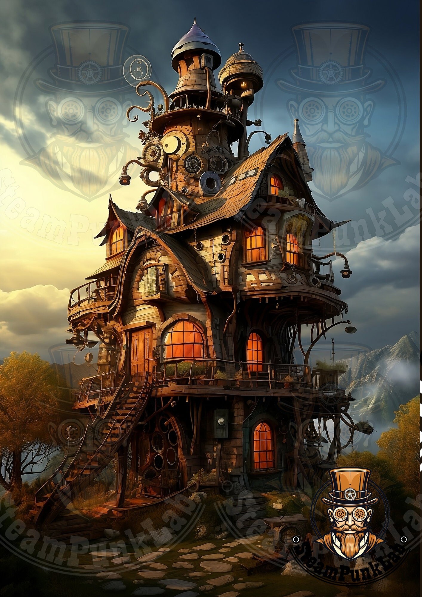 Enchanting Steampunk House Illustration Vintage Charm and Mechanical ...