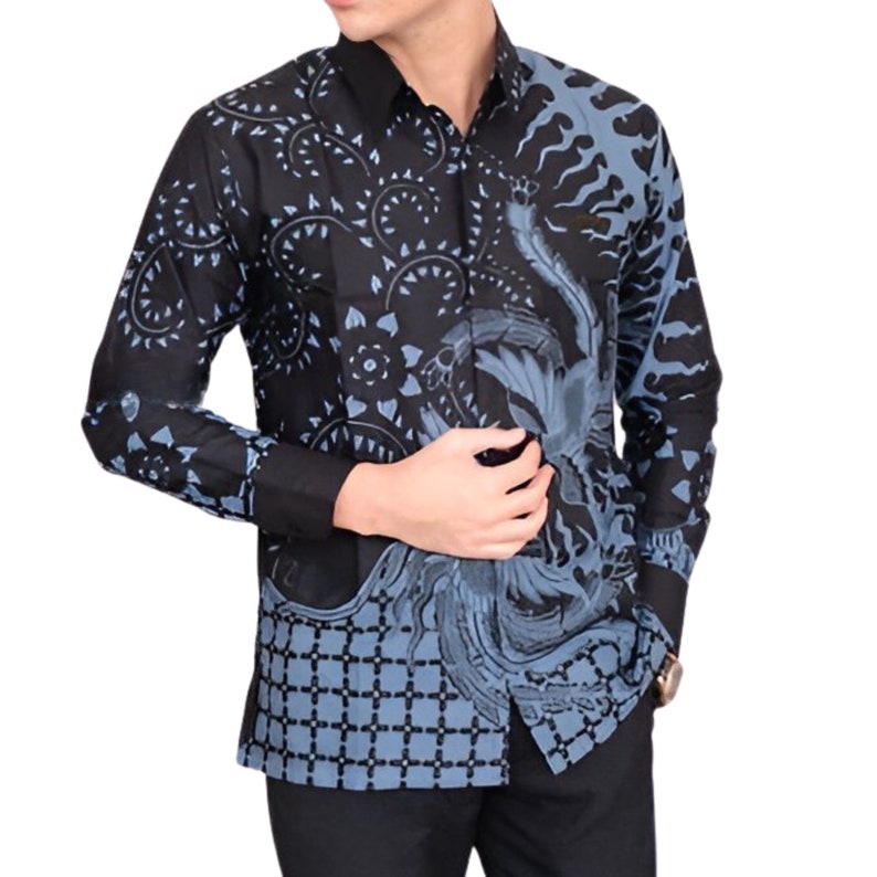 Men's Indonesia Batik Shirt Blue, Long Sleeve Unique Pattern Abiyasa - Etsy