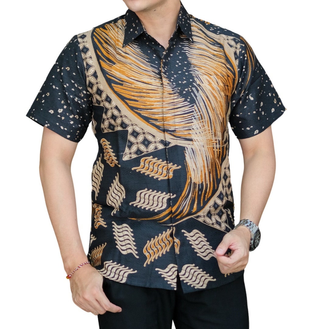 Men's Indonesia Batik Shirt Black, Short Sleeve Unique Pattern Wisnu - Etsy