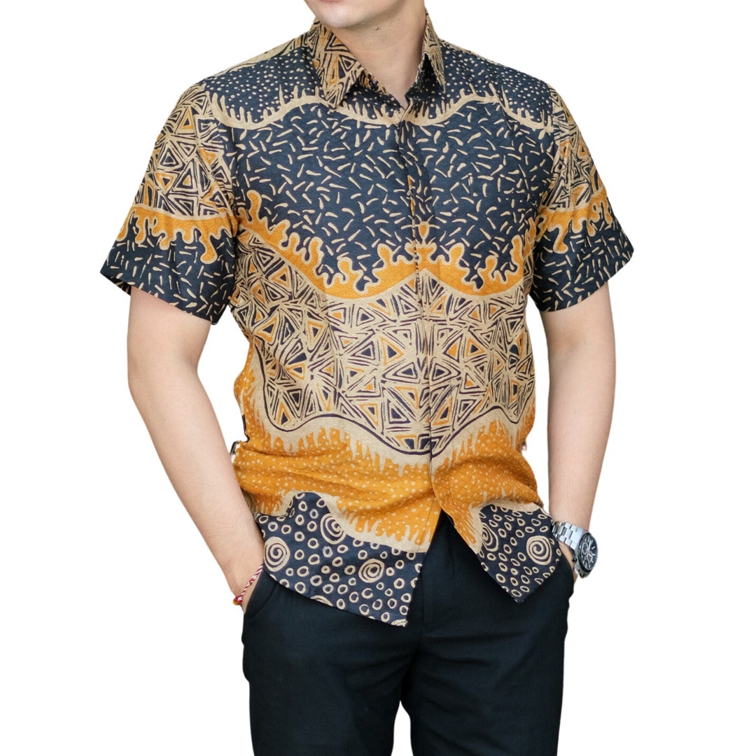 Men's Indonesia Batik Shirt Black, Short Sleeve Unique Pattern Ashari ...