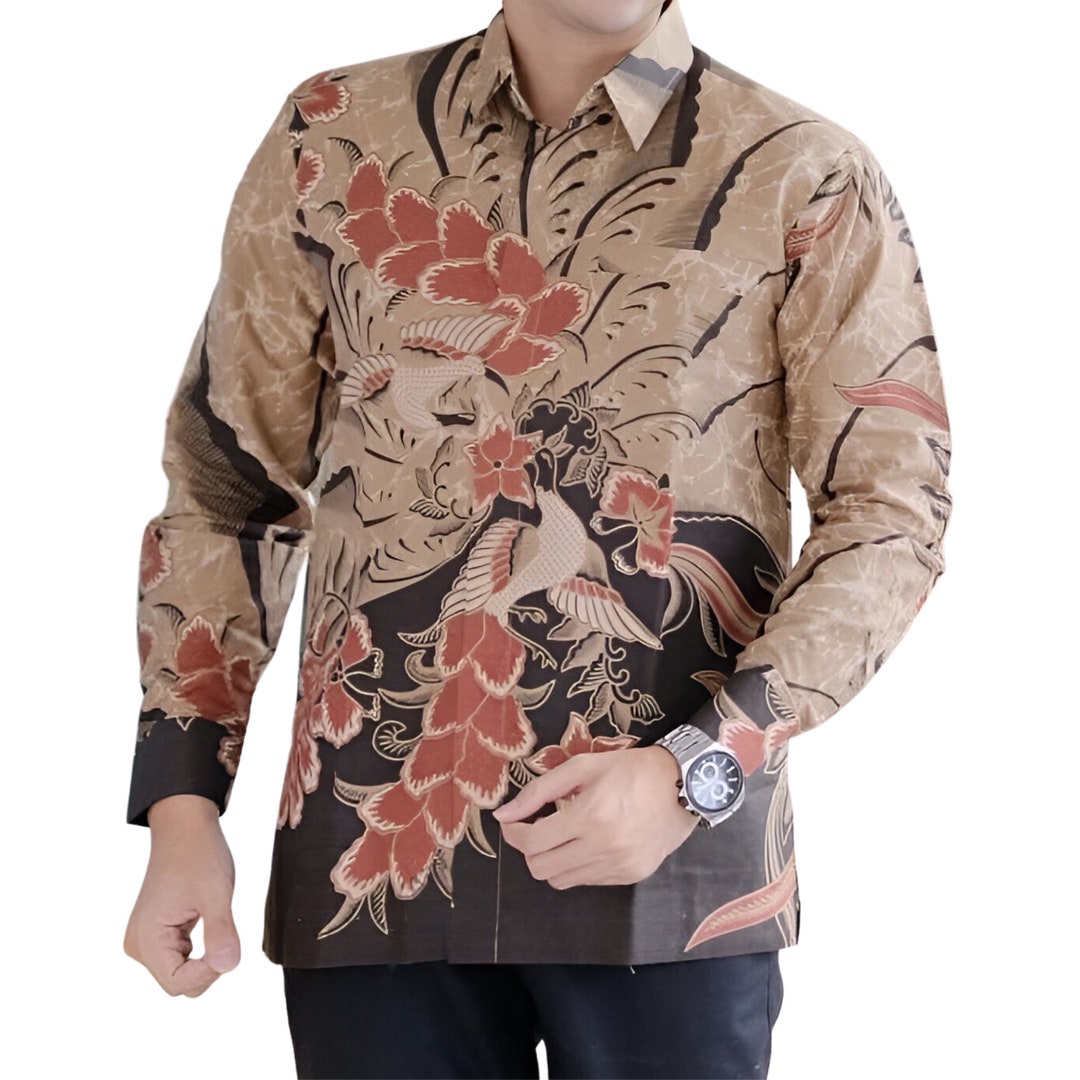 Men's Indonesia Batik Shirt Beige, Long Sleeve Unique Pattern ...