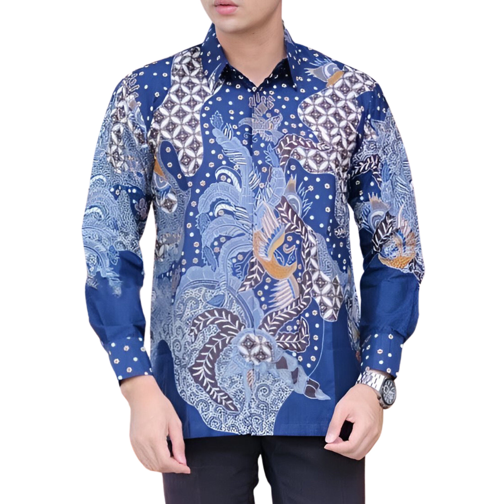 Men's Indonesia Batik Shirt Blue, Long Sleeve Unique Pattern Atmaja - Etsy