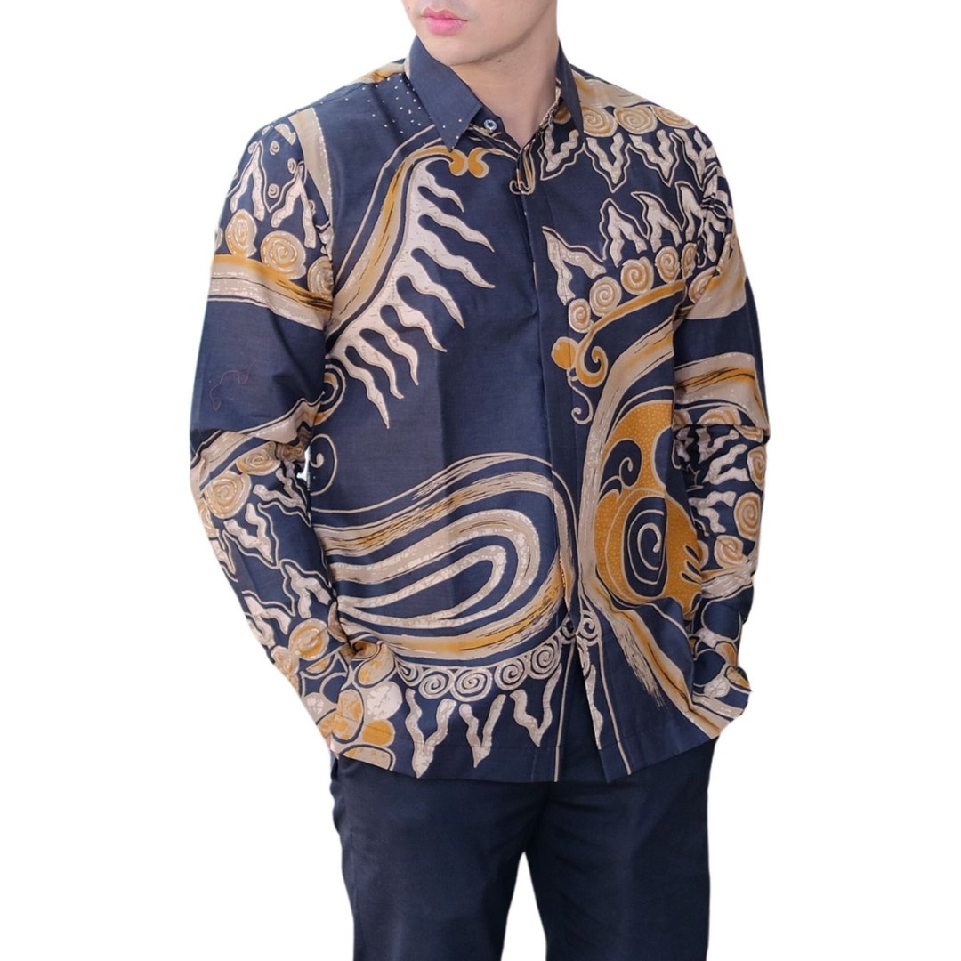 Men's Indonesia Batik Shirt Black, Long Sleeve Unique Pattern Reza - Etsy