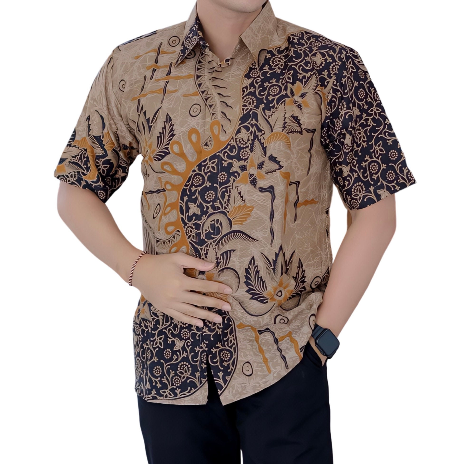 Men's Indonesia Batik Shirt, Beige Short Sleeve Unique Pattern Mahameru ...