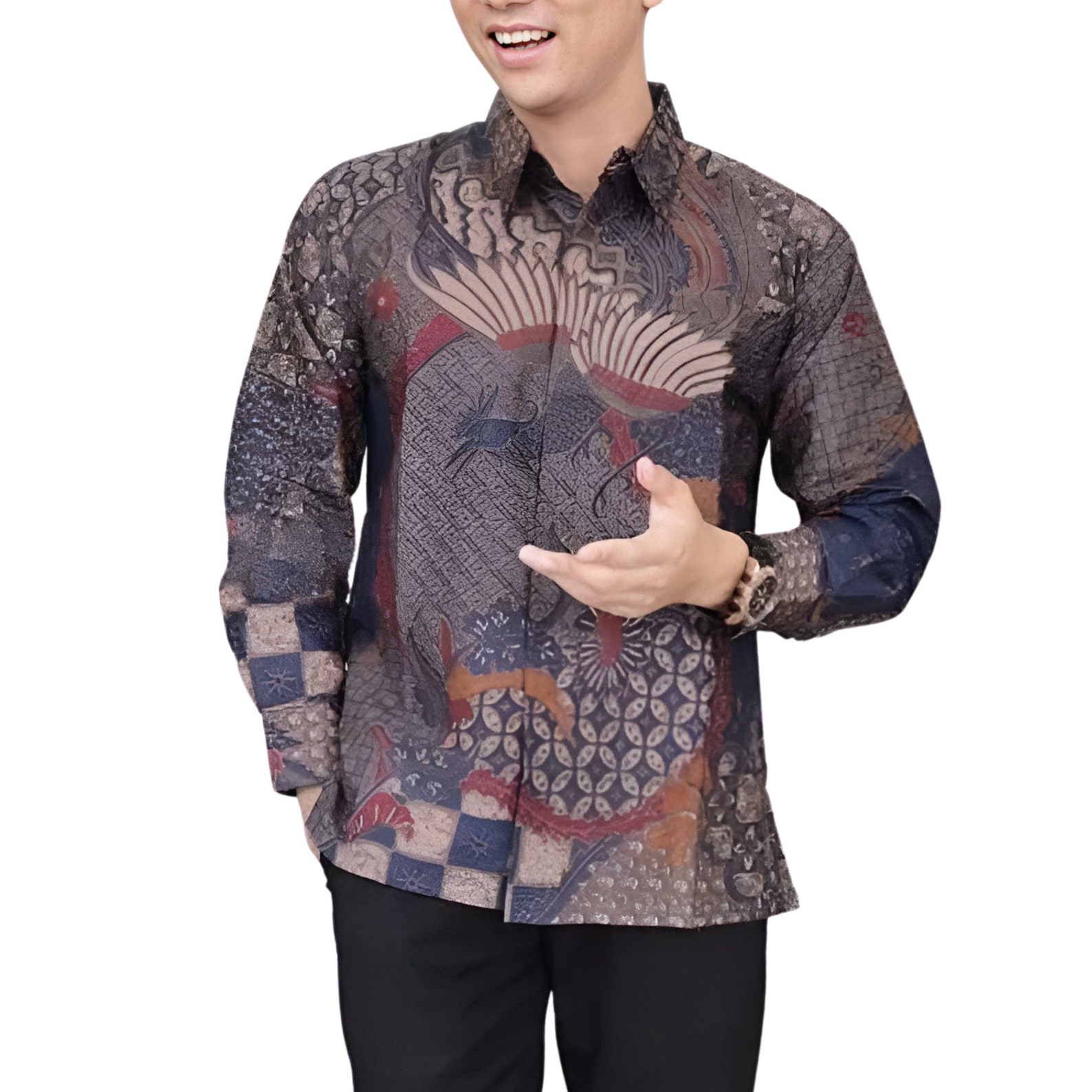Men's Indonesia Batik Shirt Brown, Long Sleeve Unique Pattern Wiryawan ...