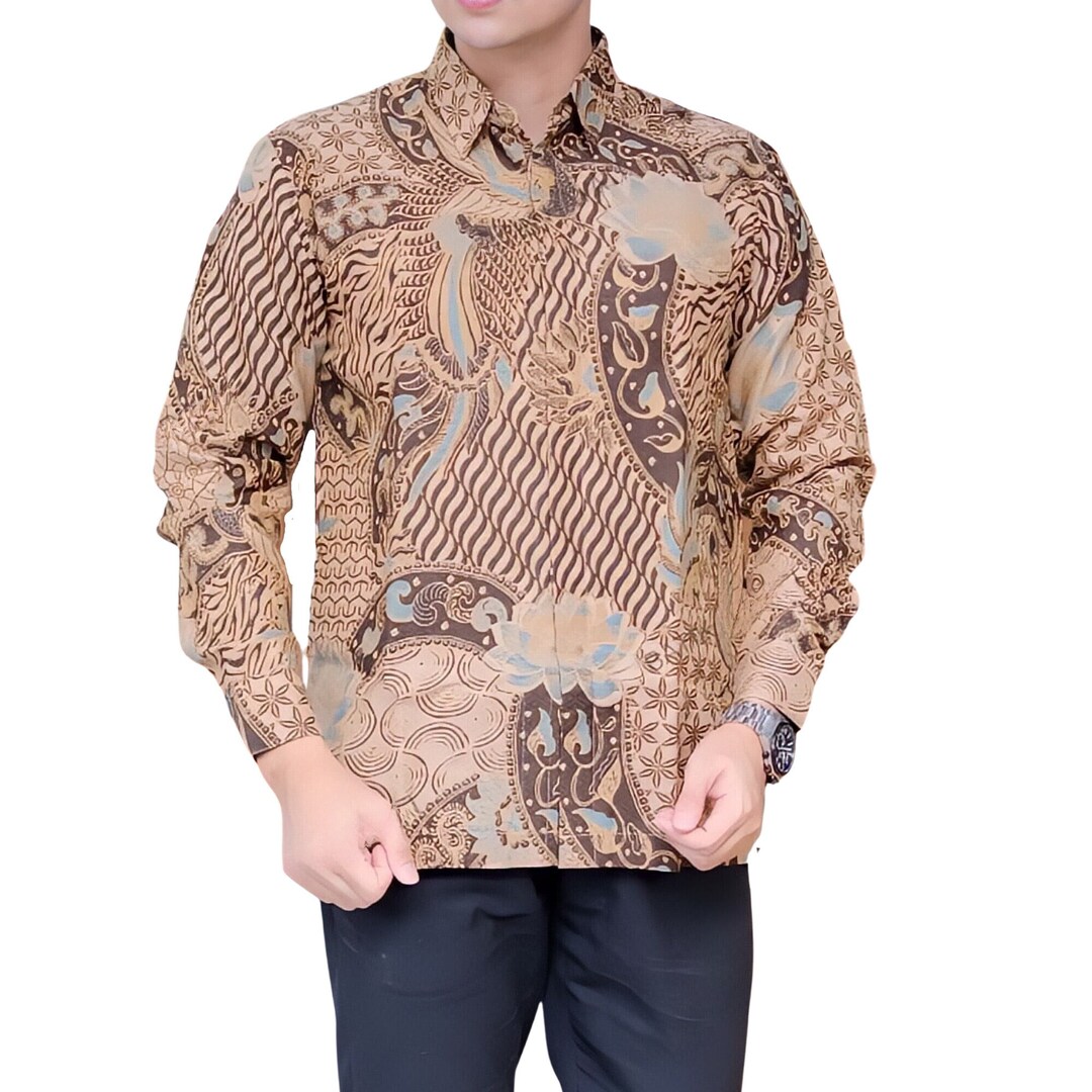 Men's Indonesia Batik Shirt Beige Long Sleeve Unique - Etsy