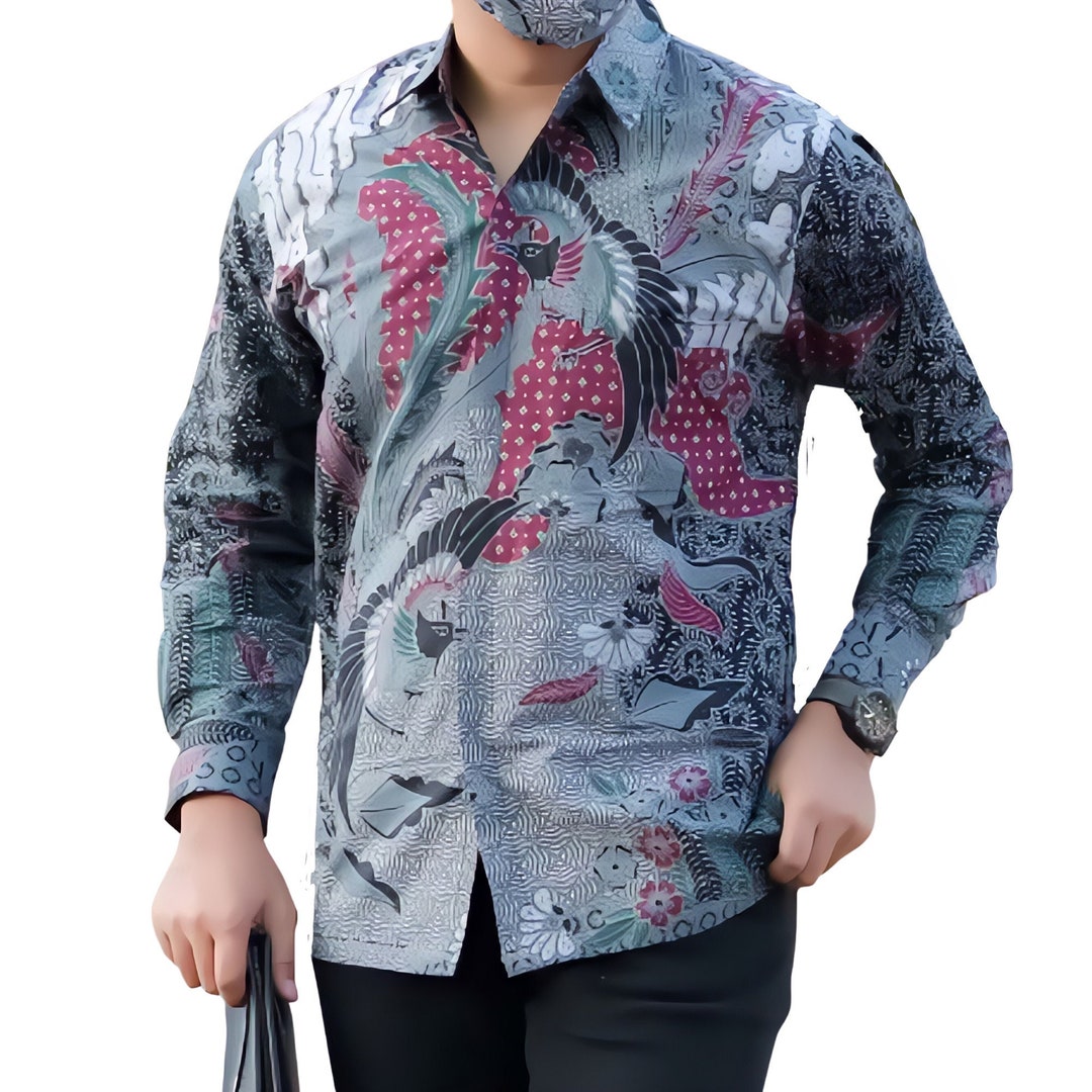 Men's Indonesia Batik Shirt Gray, Long Sleeve Unique Pattern Amora - Etsy