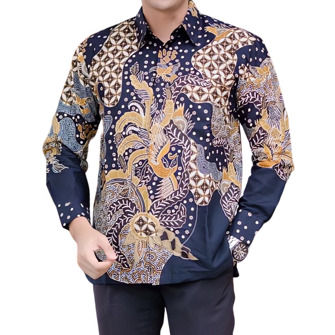 Men's Indonesia Batik Shirt Black, Long Sleeve Unique Pattern Aminata ...