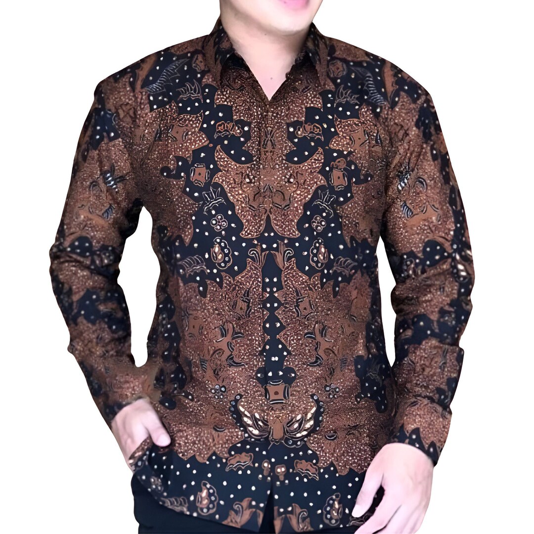 Men's Indonesia Batik Shirt Brown, Long Sleeve Unique Pattern Mahesa - Etsy