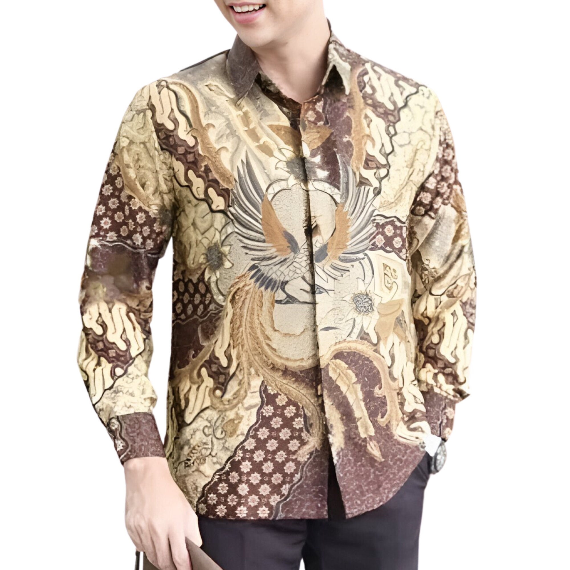 Men's Indonesia Batik Shirt Gold, Long Sleeve Unique Pattern Adipramana ...