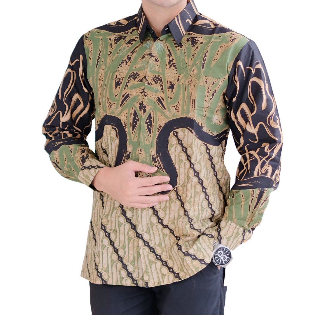 Men's Indonesia Batik Shirt Green, Long Sleeve Unique Pattern Bambu - Etsy