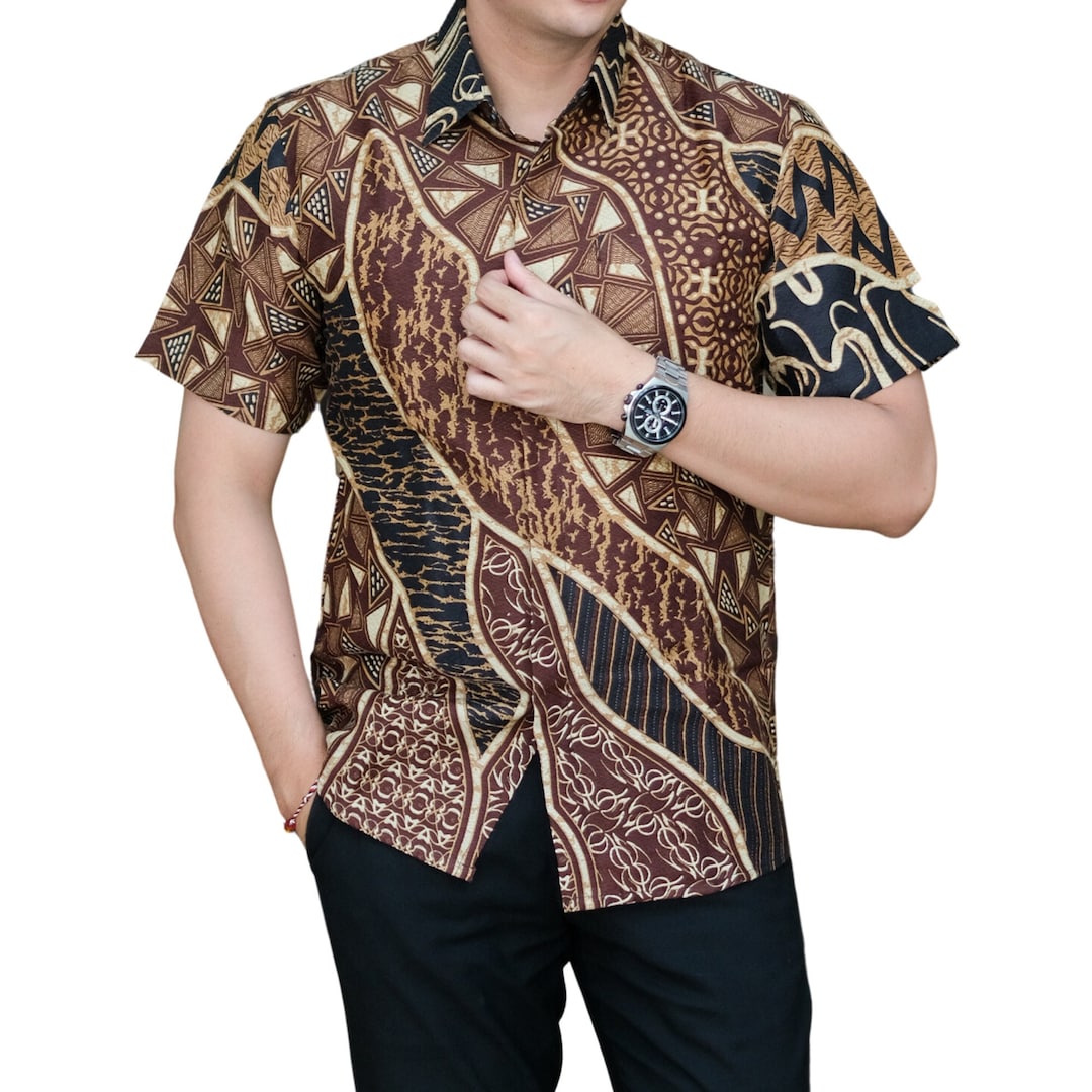 Men's Indonesia Batik Shirt Brown, Short Sleeve Unique Pattern Romo - Etsy