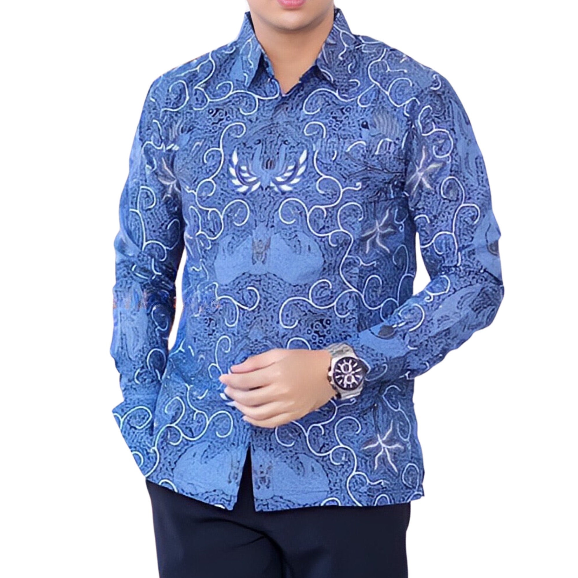 Men's Indonesia Batik Shirt Blue, Long Sleeve Unique Pattern Kukuh - Etsy