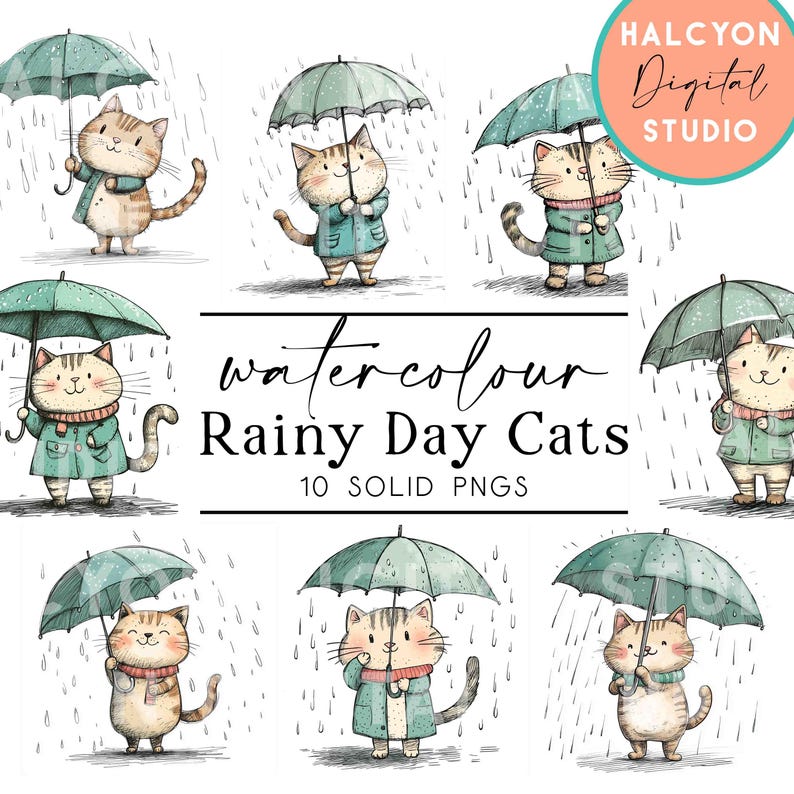 Rainy Day Cat Clipart | Cute Doodle Cats | 10 PNG Files | Instant ...