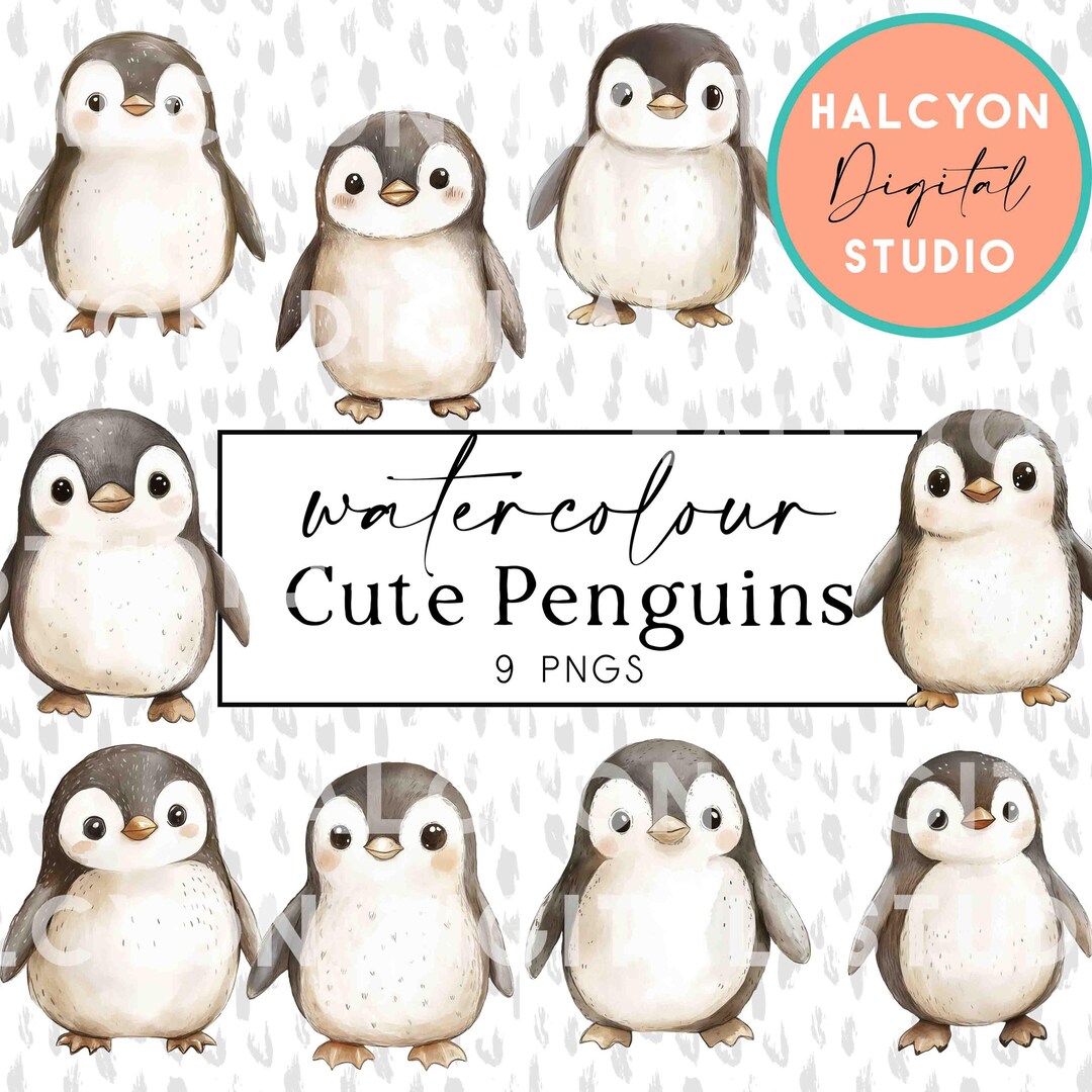 Cute Watercolor Penguins Clipart – 9 PNG Files – Arctic Animal Digital ...