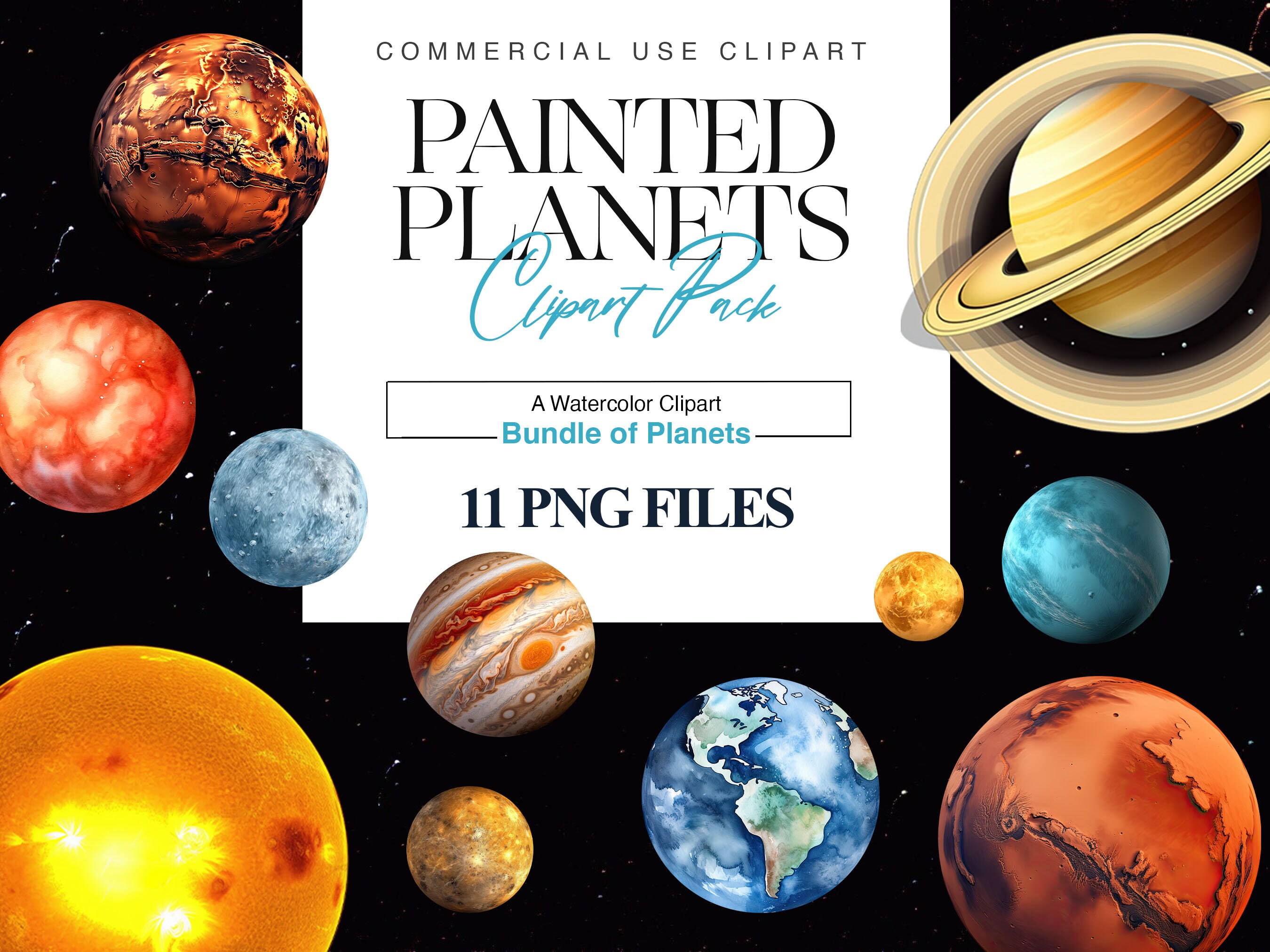 Stellar Planets Clipart Pack Watercolor Planet PNG Graphics for Crafts ...
