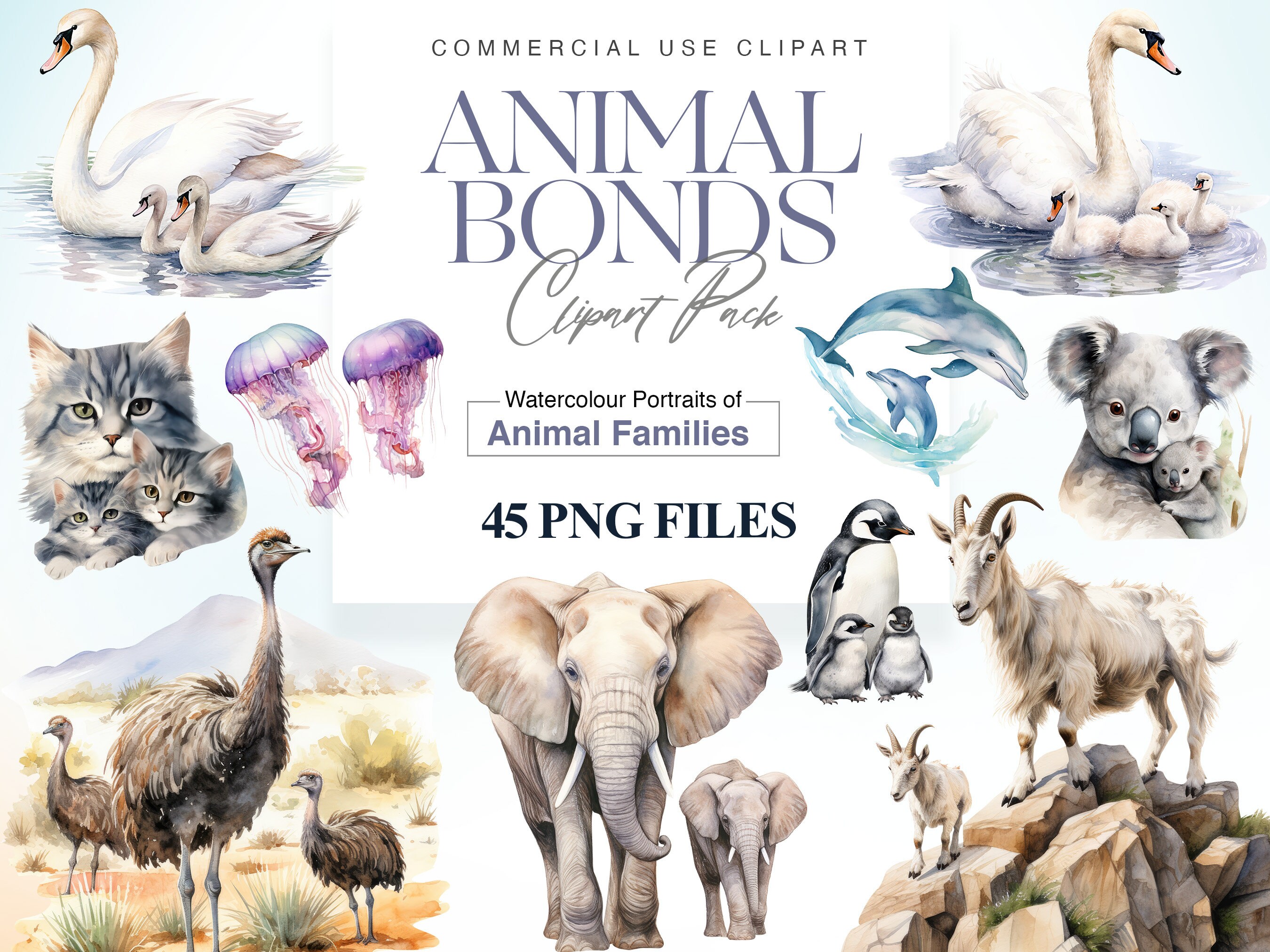 Watercolor Mom and Baby Animals Clipart, Mother's Day Animals, Baby ...