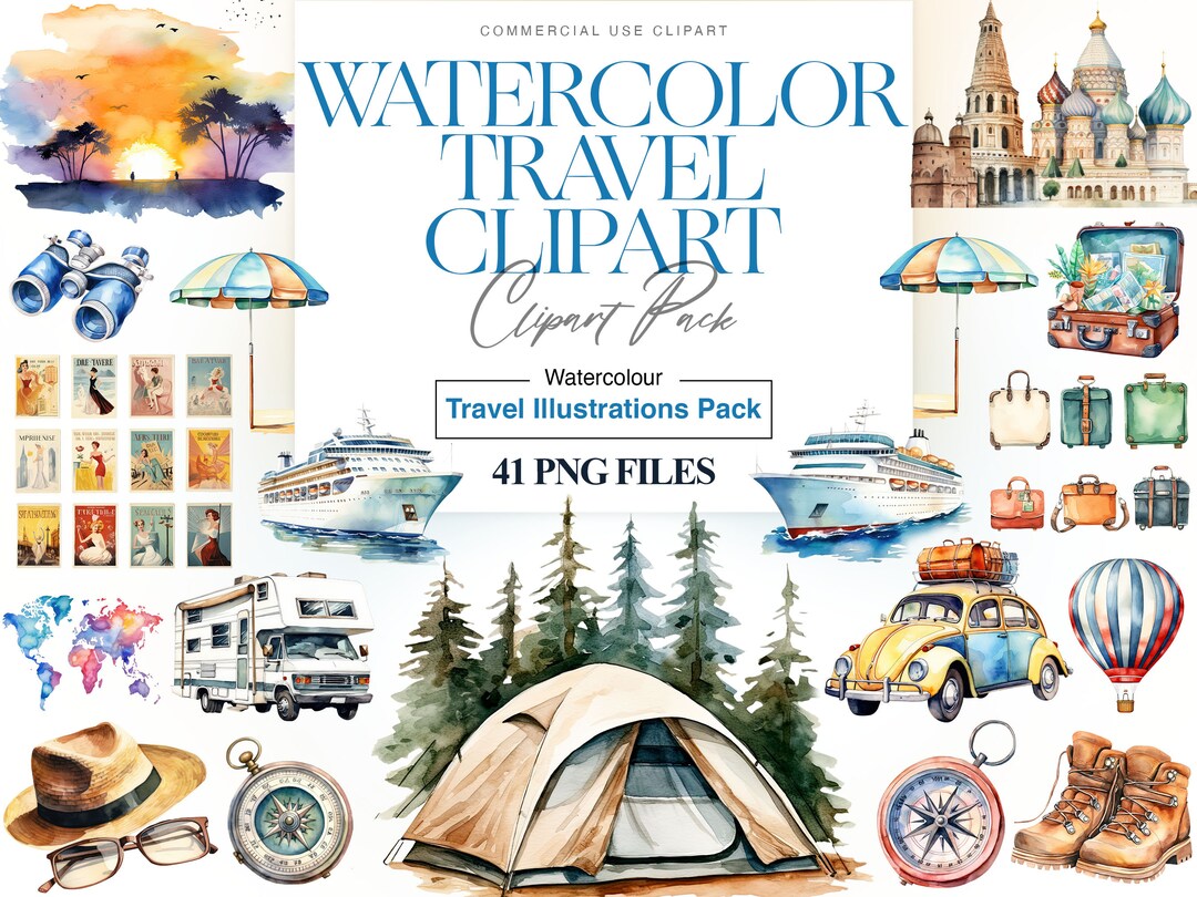 Watercolor Travel Clipart, Summer Travel, Road Trip Clipart, Vacation ...