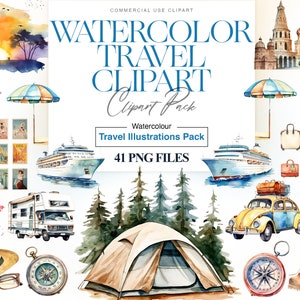 Watercolor Travel Clipart, Summer Travel, Road Trip Clipart, Vacation ...