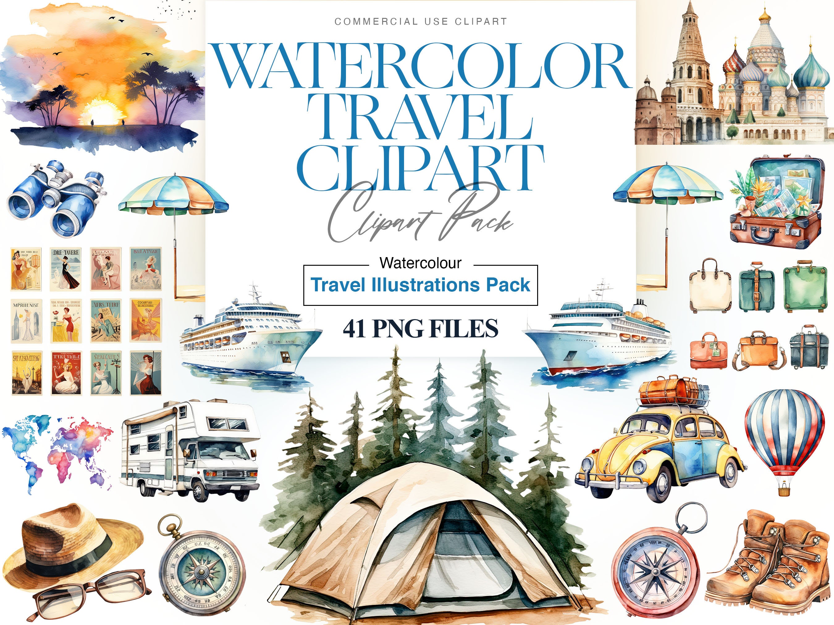 Watercolor Travel Clipart, Summer Travel, Road Trip Clipart, Vacation ...