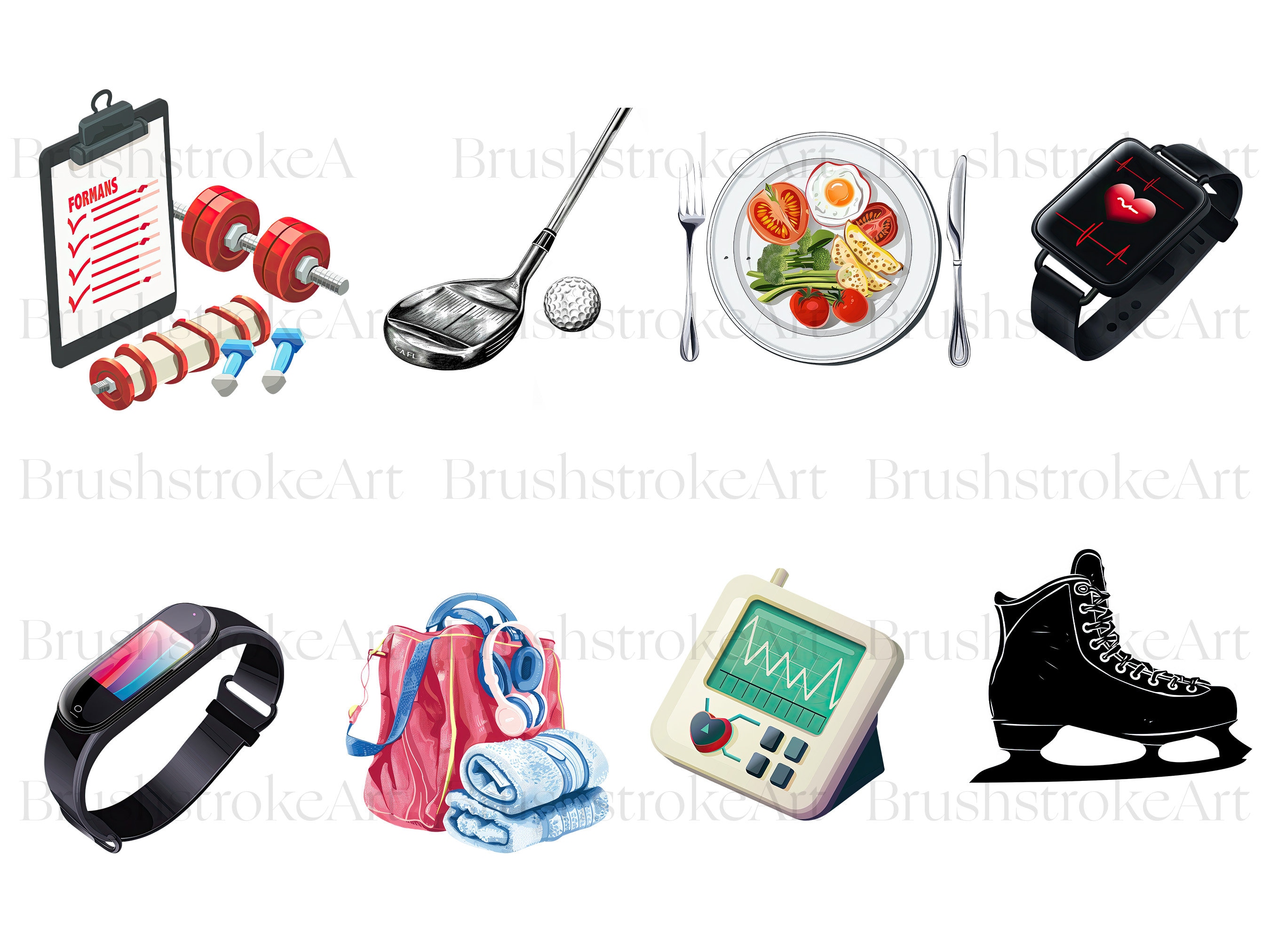 Watercolor Fitness Clipart, Bodybuilder, Fitness Girl, Dumbbells ...