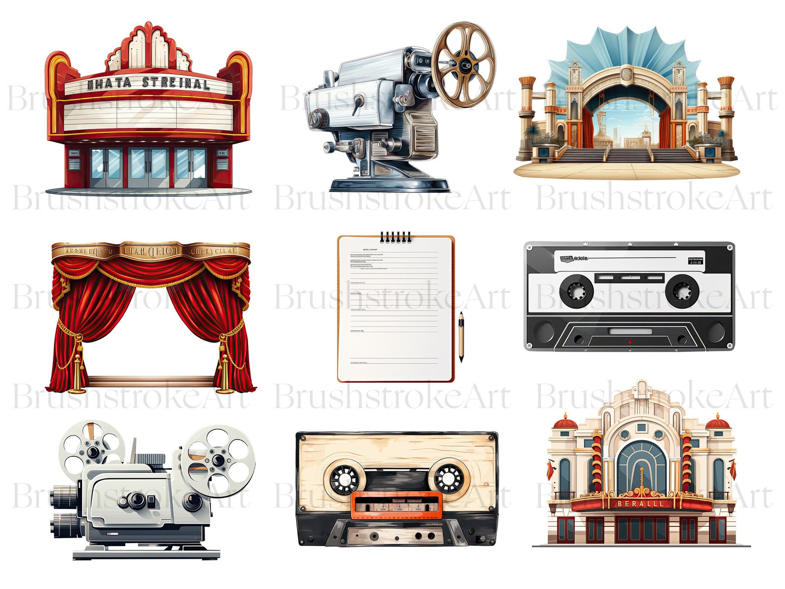 Watercolor Cinema Clipart, Theatre, Ticket, Popcorn, Camera PNG, Film ...