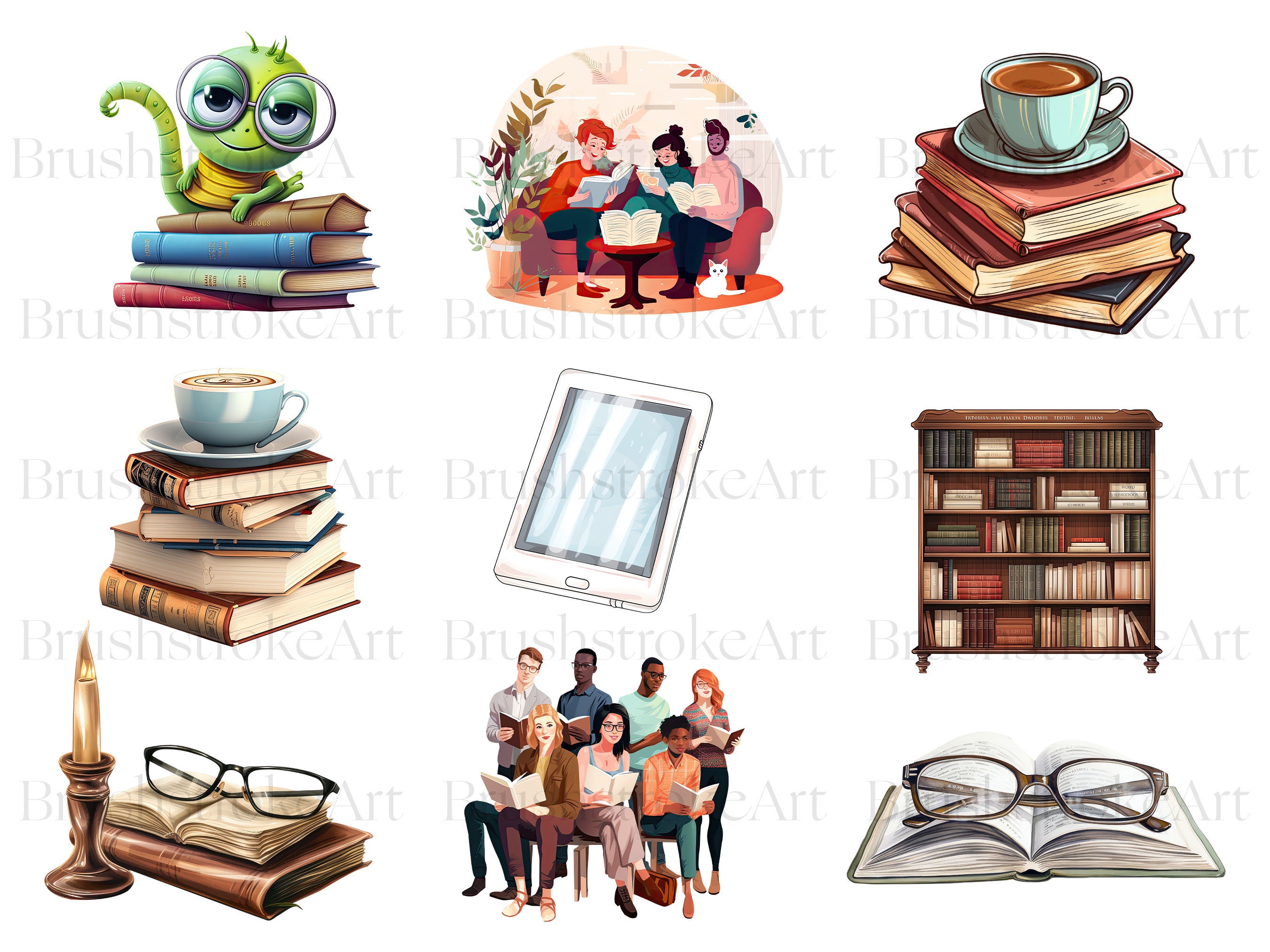 Watercolor Reading Clipart, Bookcase, Watercolor Books, Reading ...